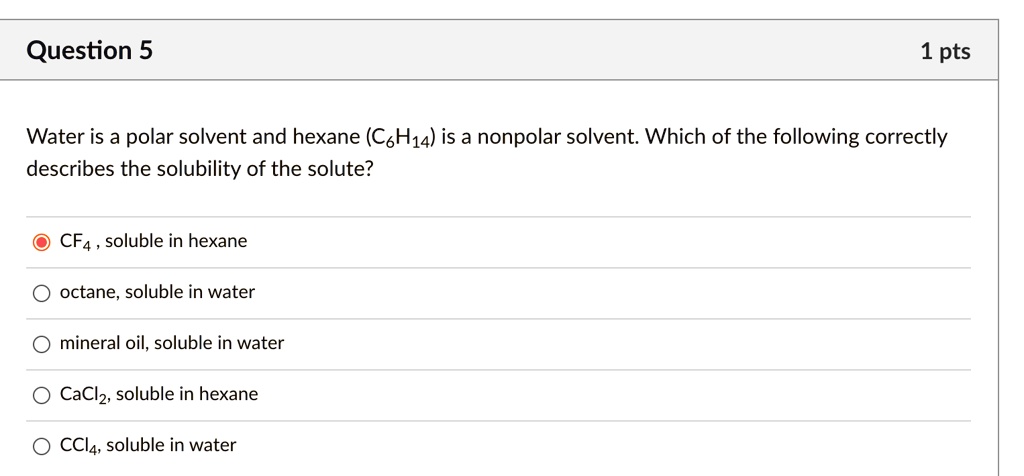 SOLVED: Water is a polar solvent and hexane (C6H14) is a nonpolar ...