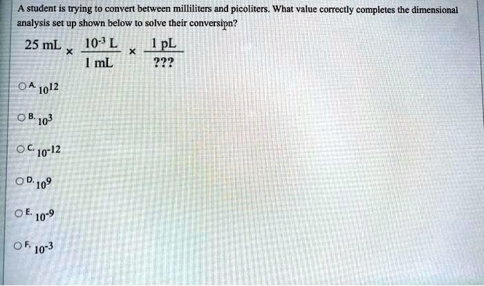 SOLVED: A student is trying to convert between milliliters and ...