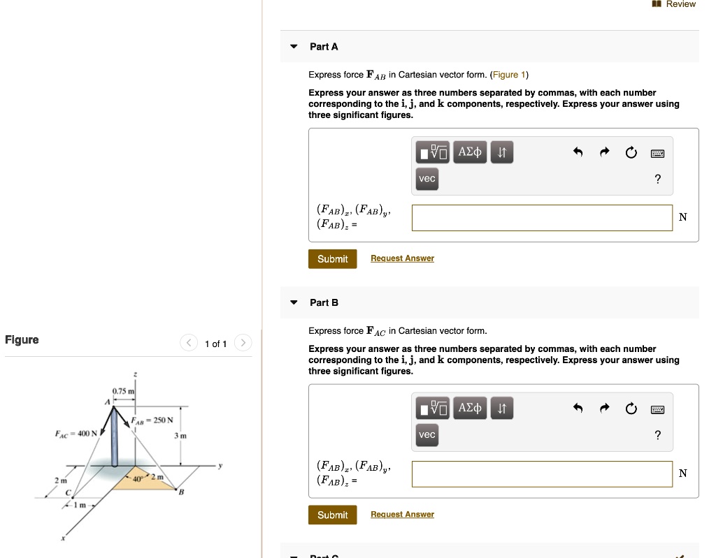 SOLVED: Part A Express force FA in Cartesian vector form. (Figure 1 ...