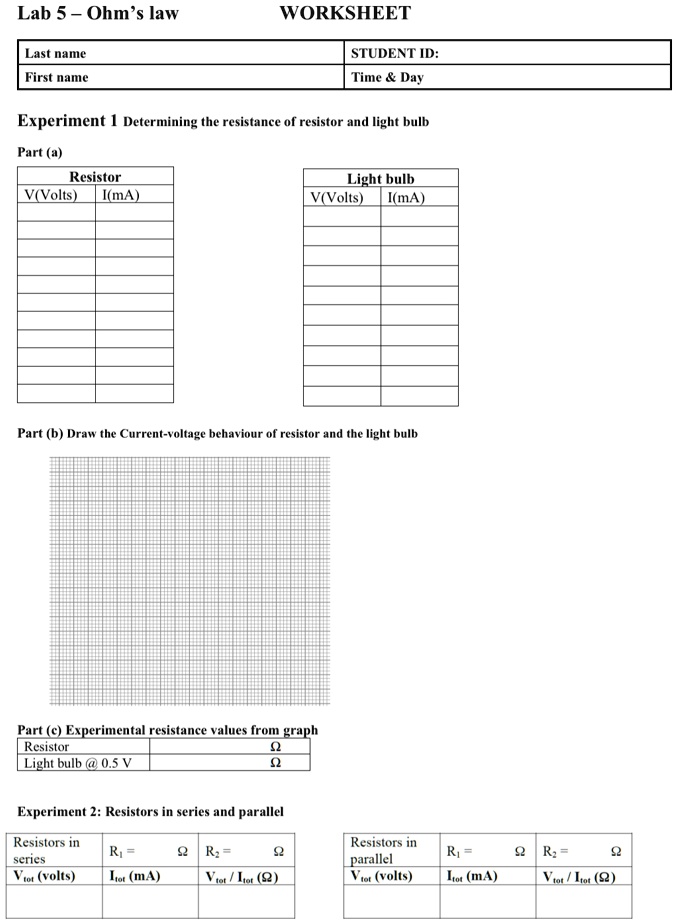Lab 5 - Ohm's law WORKSHEET Last name STUDENT ID: First name Time Day ...