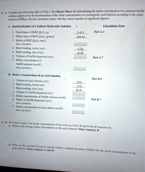 SOLVED: Complete the following table of Trial [ (Scc Repart Sheet) for determining the molar ...