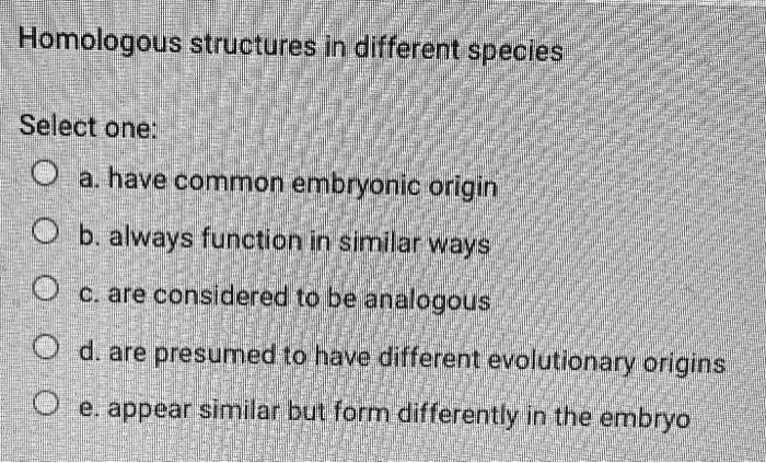 homologous structures in different species select onel a have common ...