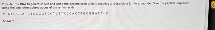 SOLVED: Consider the DNA fragment shown and using the genetic code table transcribe and ...