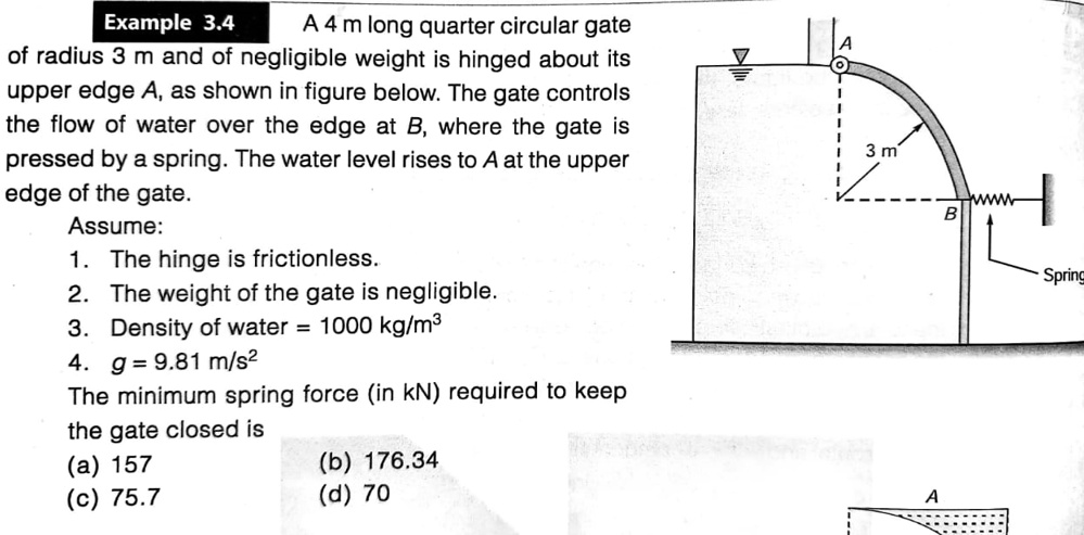 A 4 m long quarter circular gate of radius 3 m and of negligible weight is hinged about its ...