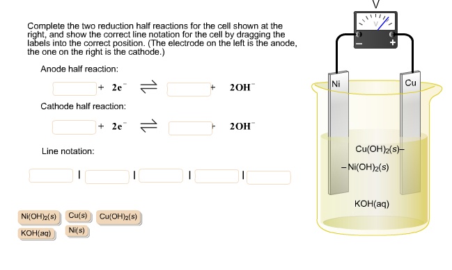 SOLVED: Complete the two reduction half reactions for the cell shown at the right; and show the ...