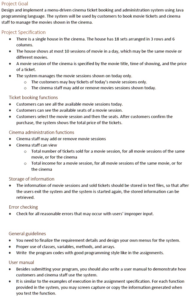 SOLVED: Project Goal: Design and implement a menu-driven cinema ticket booking and ...