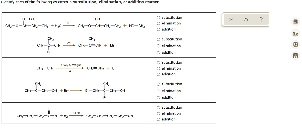 classify each of the following as either a substitution elimination or addition reaction och3 ho ...