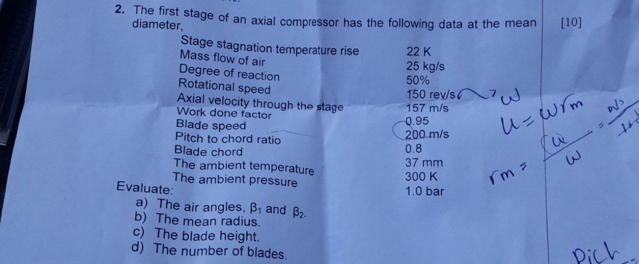 2. The first stage of an axial compressor has the following data at the ...