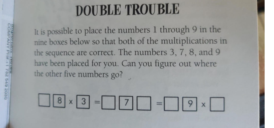 DOUBLE TROUBLE It is possible to place the numbers 1 through 9 in the nine boxes below so that ...