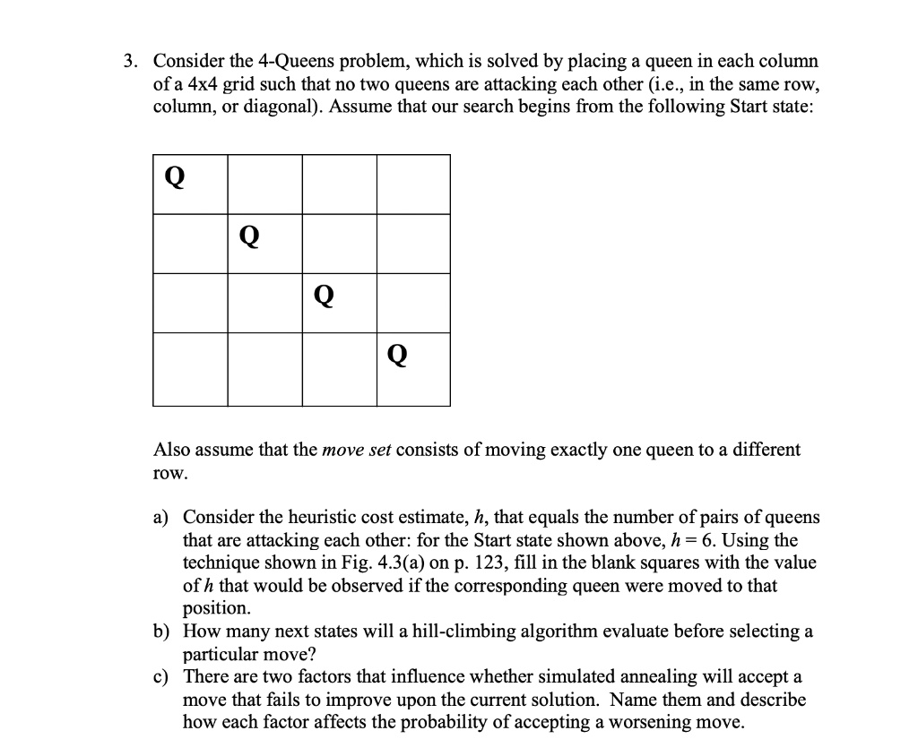 SOLVED: Consider the 4-Queens problem, which is solved by placing a ...