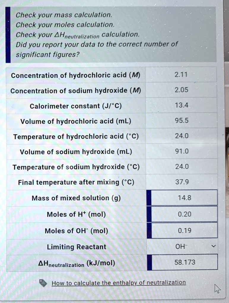 SOLVED: To calculate the enthalpy of neutralization, follow these steps: 1. Calculate the mass ...