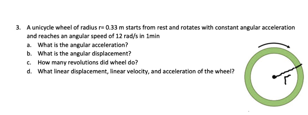 SOLVED: unicycle wheel of radius r= 0.33 m starts from rest and rotates ...