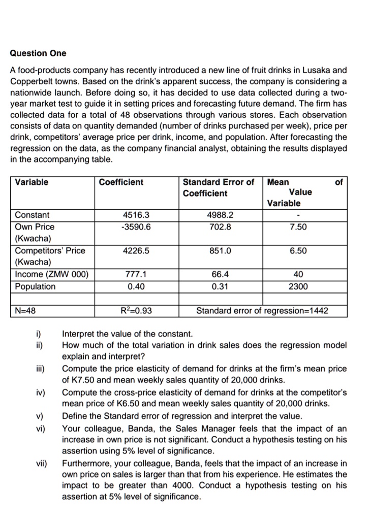 SOLVED: Texts: Econometrics theory and application 1 Question One A food-products company has ...
