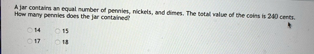 A jar contains an equal number of pennies, nickels, and dimes. The total value of the coins is ...