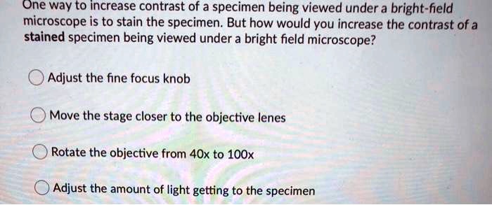 SOLVED: One way to increase contrast of a specimen being viewed under a bright-field microscope ...