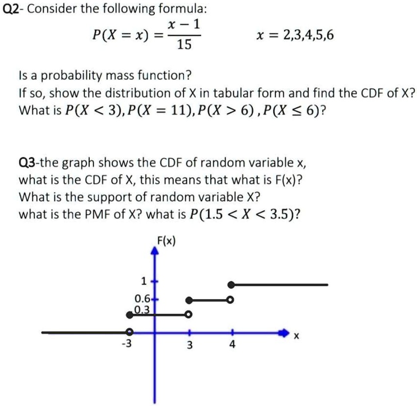 SOLVED: 02- Consider the following formula: X -1 P(X = x) = 15 X = 2,3,4,5,6 Is a probability ...