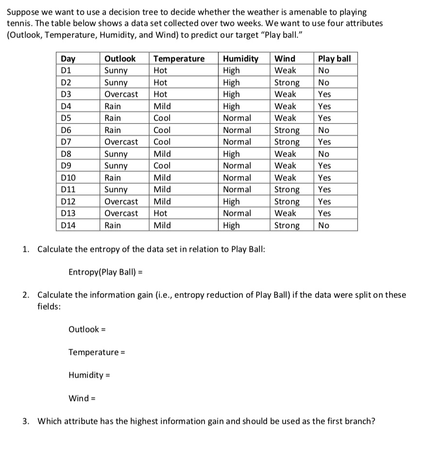 SOLVED: Suppose we want to use a decision tree to decide whether the ...