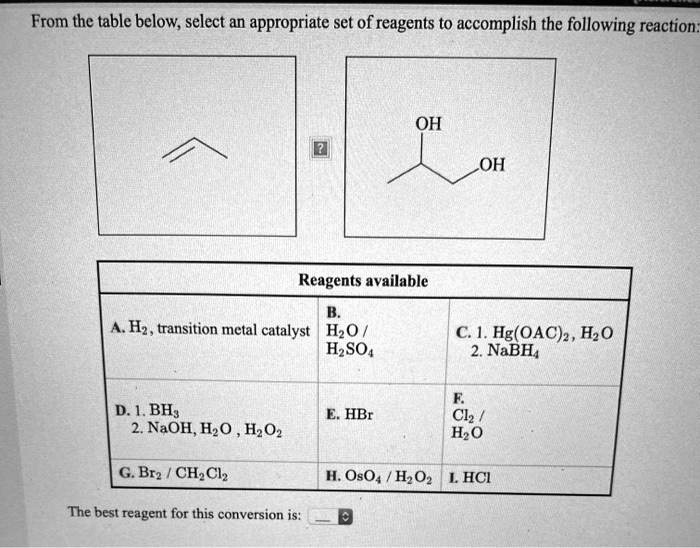 SOLVED: From the table below, select an appropriate set of reagents to accomplish the following ...