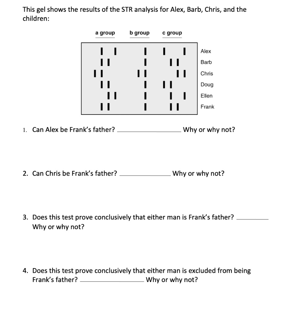 SOLVED: This gel shows the results of the STR analysis for Alex, Barb ...