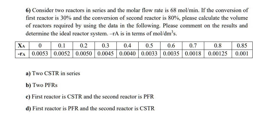 SOLVED: Consider two reactors in series and the molar flow rate is 68 mol/min. If the conversion ...