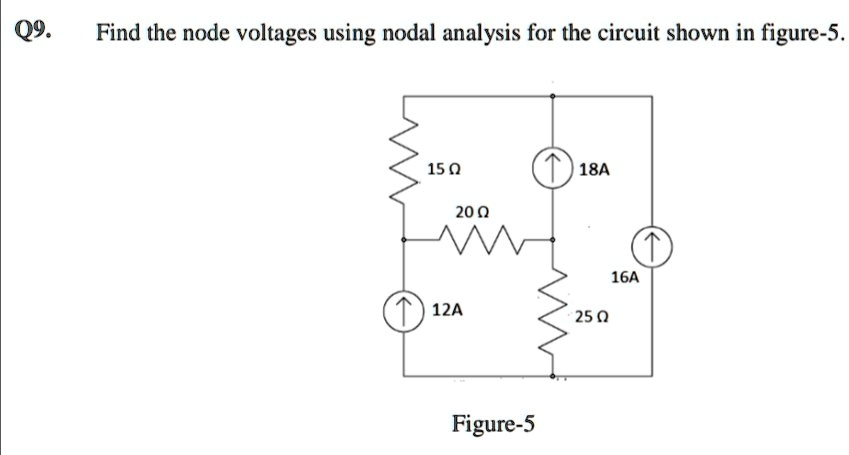 Q9. Find the node voltages using nodal analysis for the circuit shown in figure-5. 15 ? ?18A 20 ...