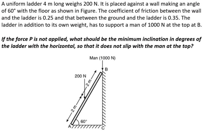 A uniform ladder 4 m long weighs 200 N. It is placed against a wall ...