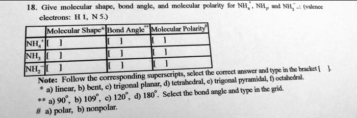 SOLVED: Give molecular shape; bond angle; and molecular polarity for ...