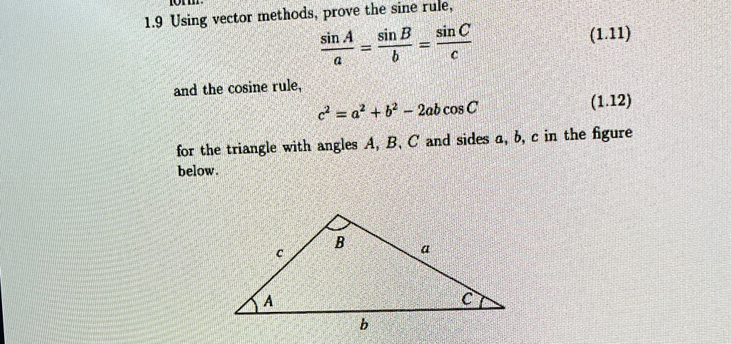19 using vector methods prove the sine rule fracsin aa fracsin bb fracsin cc 111 and the cosine ...