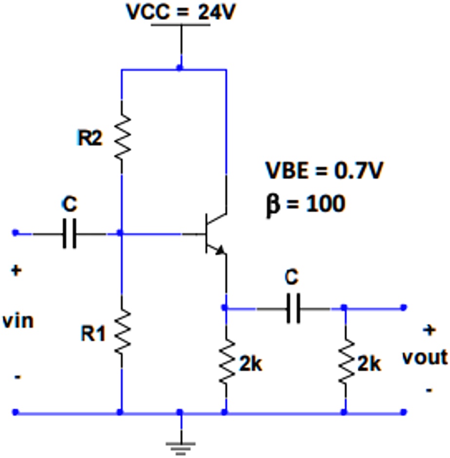 SOLVED: For the circuit below: (a) Find the values of R1 and R2 if ICQ ...
