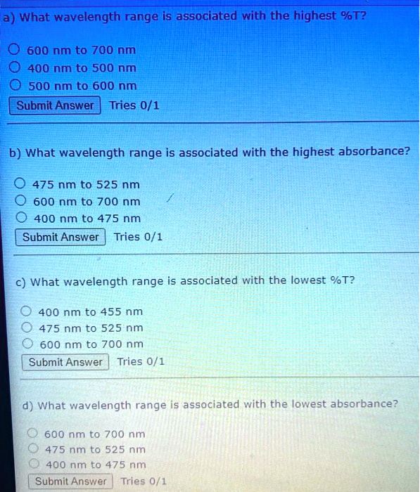 SOLVED: a) What wavelength range is associated with the highest %T? 600 ...
