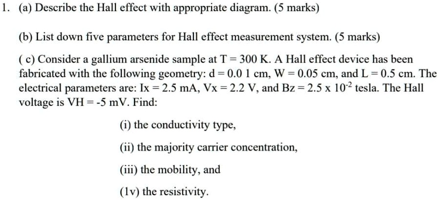 SOLVED: (a) Describe the Hall effect with appropriate diagram: (5 marks) (6) List down five ...