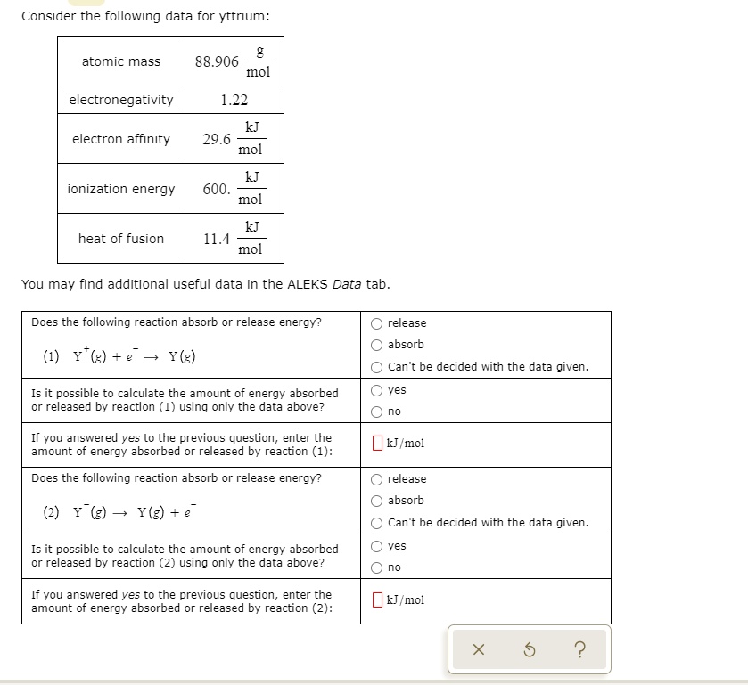 SOLVED: Consider the following data for yttrium: - Atomic mass: 88.906 g/mol - Electronegativity ...