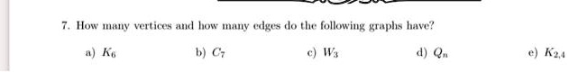 7. How many vertices and how many edges do the following graphs have? a) K6 b) C7 c) W3 d) Qn e ...