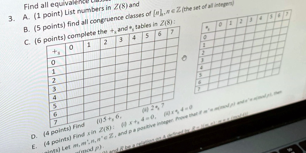SOLVED: Equivalence Class: Find all in Z(8) and set = 'of all integers ...