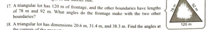 SOLVED: 17. A triangular lot has 120 m of frontage, and the other ...