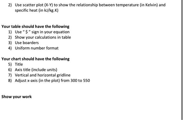 2) Use scatter plot (X-Y) to show the relationship between temperature (in Kelvin) and specific ...