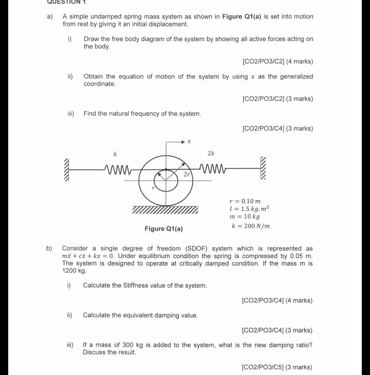 1 a) A simple undamped spring mass system as shown in Figure Q1(a) is ...