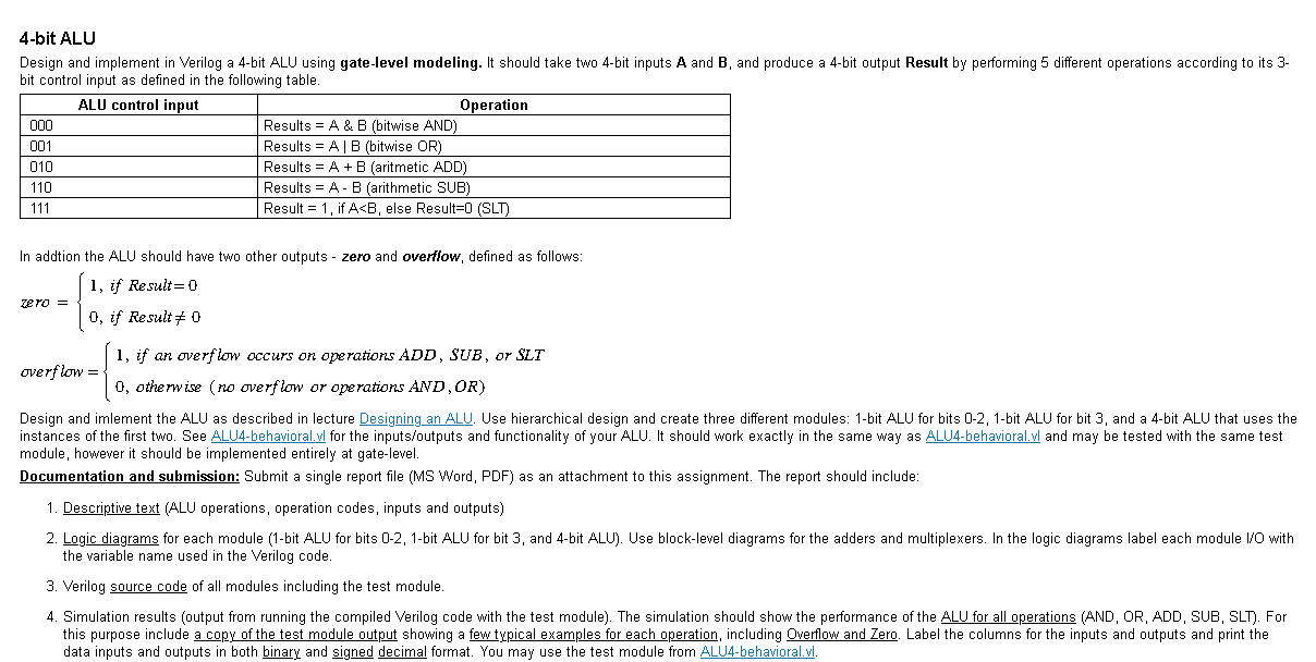 4-bit ALU Design and implement in Verilog a 4-bit ALU using gate-level modeling. It should take ...