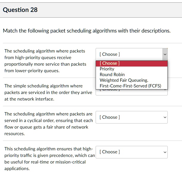 Question 28 Match the following packet scheduling algorithms with their ...