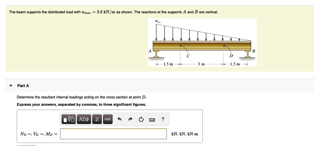SOLVED: The beam supports the distributed load with wmax = 3.6 kN/m as shown. The reactions at ...