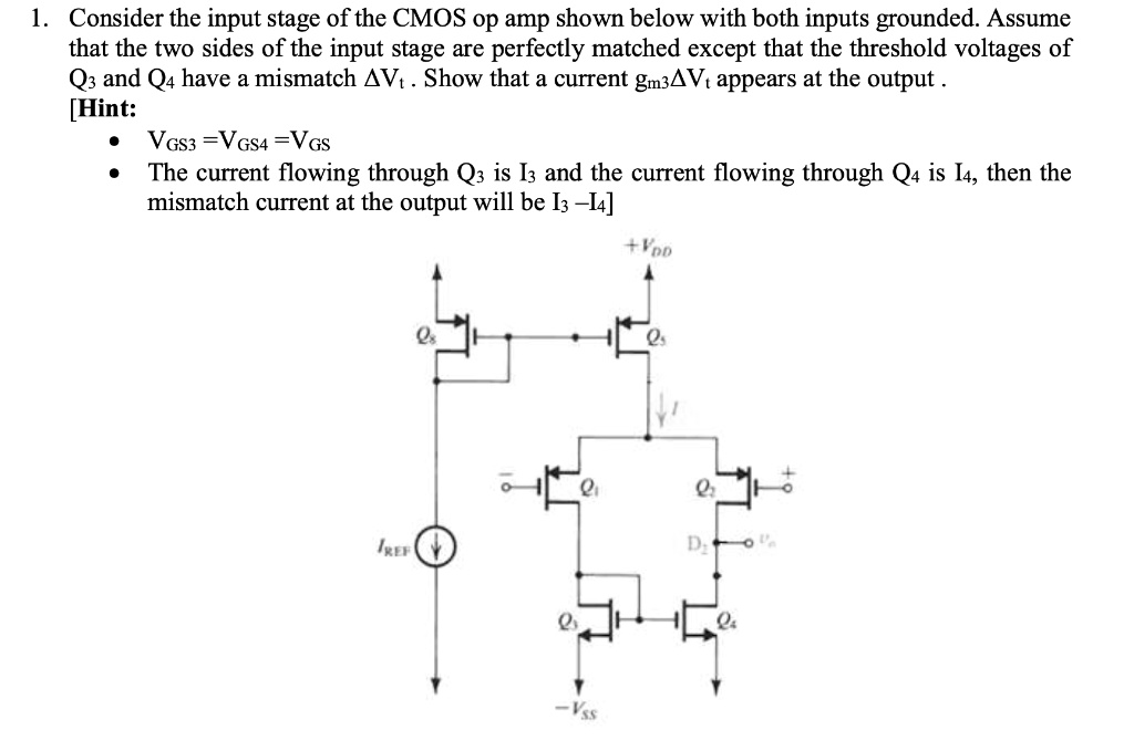 SOLVED: Consider the input stage of the CMOS op amp shown below with both inputs grounded ...