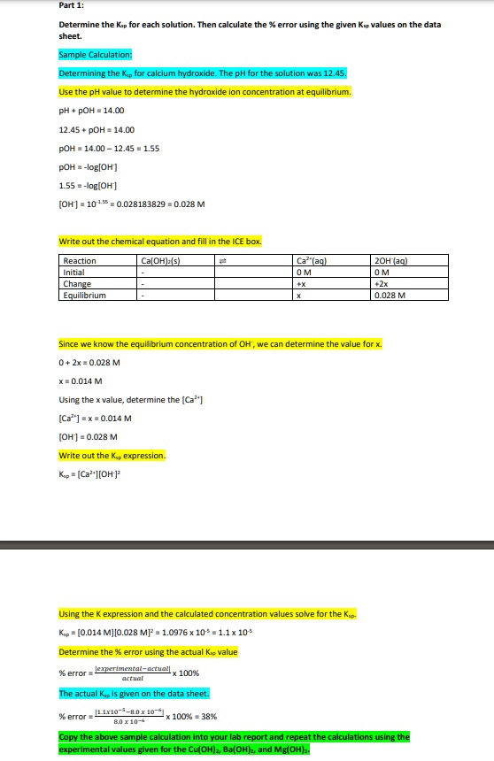 part 1 determine the ksp and error for caoh2 cuoh2 baoh2 and mgoh2 solutions follow the exact ...