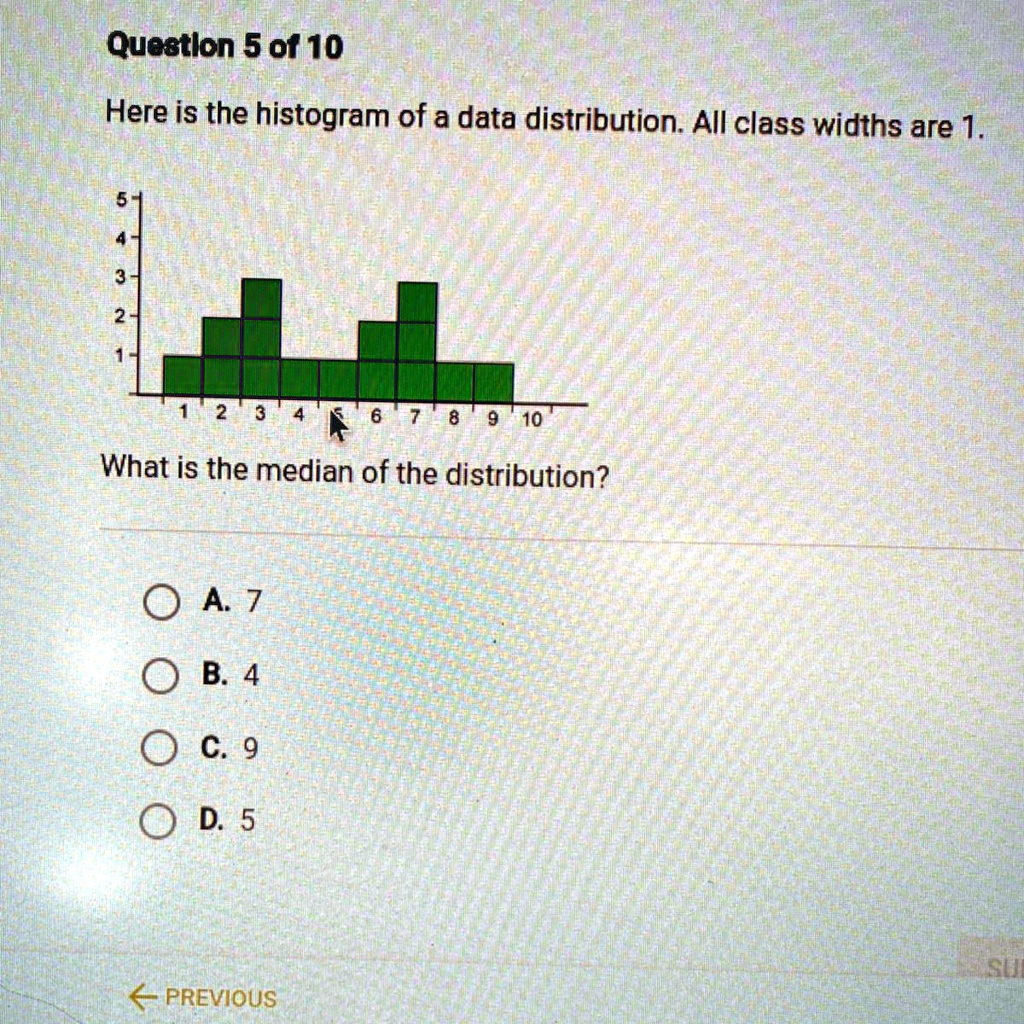SOLVED: Here is the histogram of a data distribution. All class widths are 1. What is the median ...