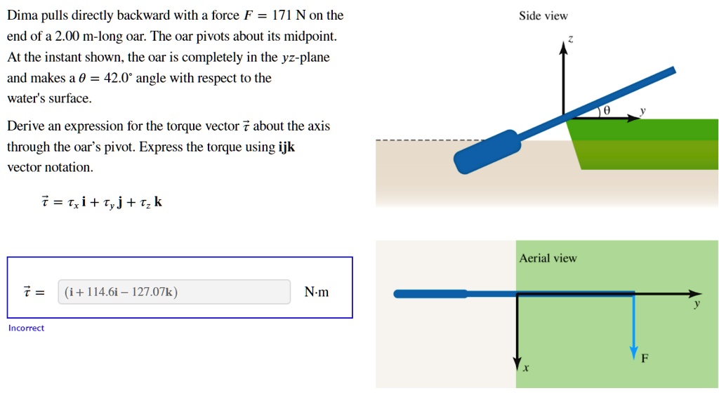 Dima pulls directly backward with a force F = 171 N on the end of a 2. ...