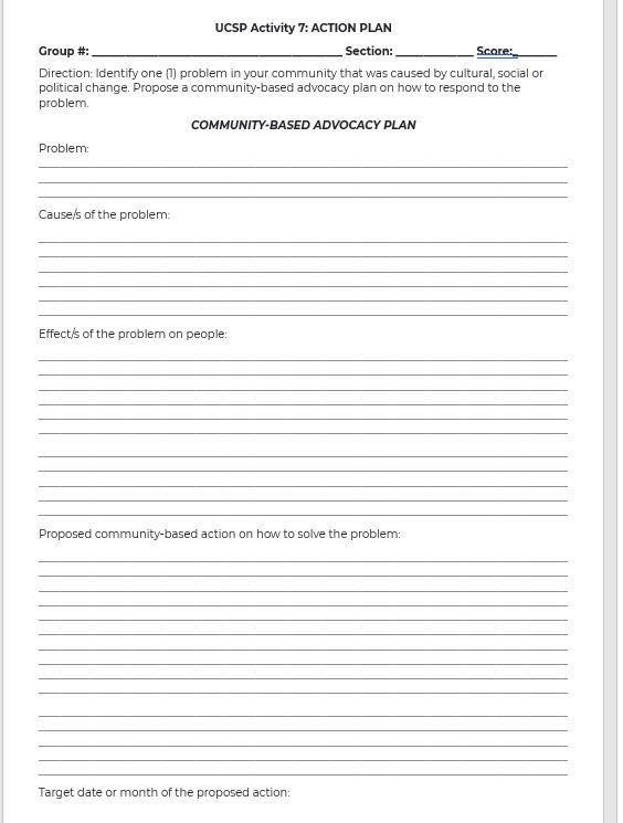 UCSP Activity 7: ACTION PLAN Group #: Section: Score: Direction ...