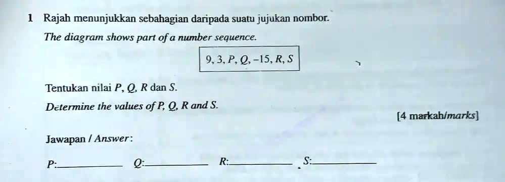 SOLVED: The diagram shows part of a number sequence: 9, 3, P, Q, -15, R, . Determine the values ...