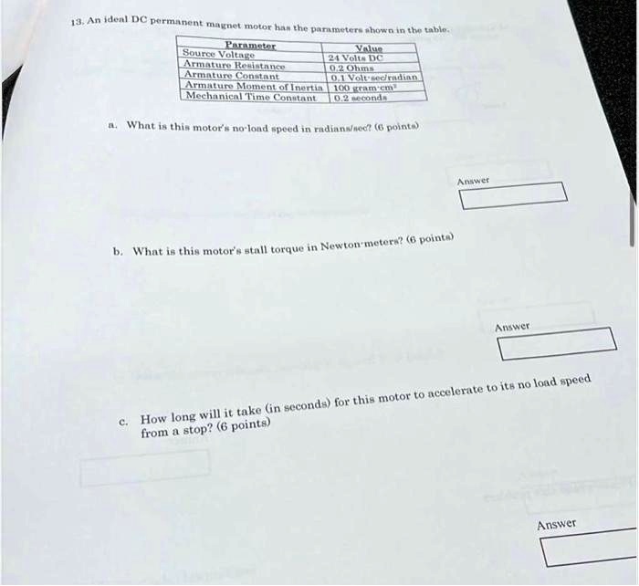 SOLVED: Parameter Value Source Voltage: 24 Volts DC Armature Resistance: 0.2 Ohms Armature ...