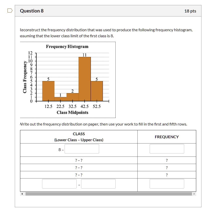 SOLVED: Question 8 18 pts Reconstruct the frequency distribution that ...
