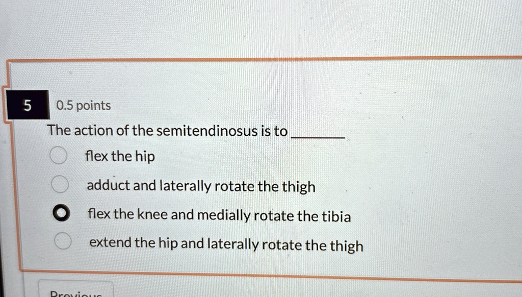 5 0.5 points The action of the semitendinosus is to flex the hip adduct ...