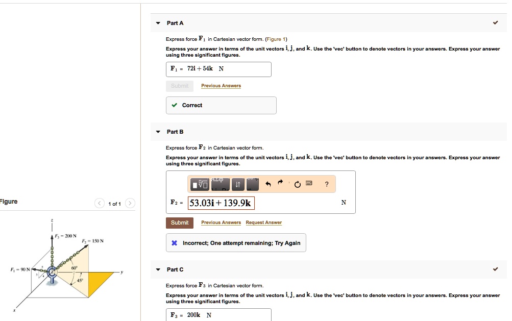 Part A Express Force F In Cartesian Vector Form Figure 1 Express Your Answer In Terms Of The
